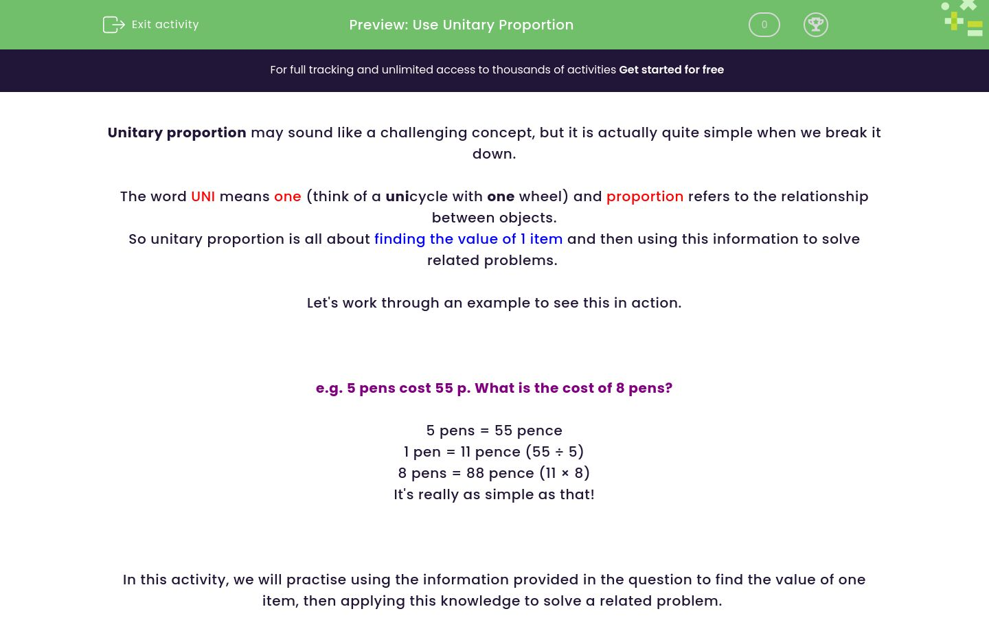 Use Unitary Proportion Worksheet - EdPlace