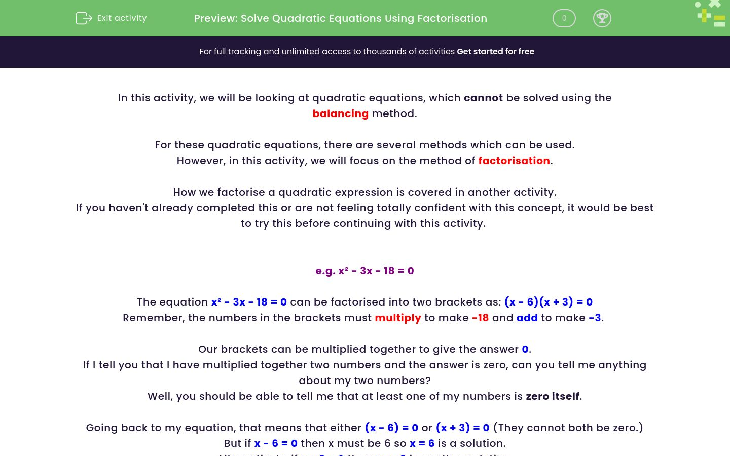 Solve Quadratic Equations Using Factorisation Worksheet - EdPlace