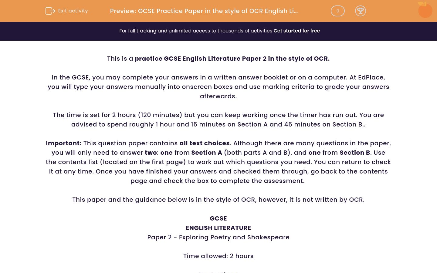 GCSE Practice Paper in the style of OCR English Literature Paper 2 ...