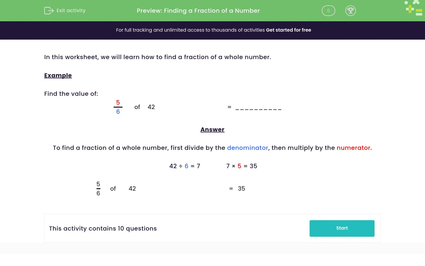 Find a Fraction of a Number Worksheet - EdPlace