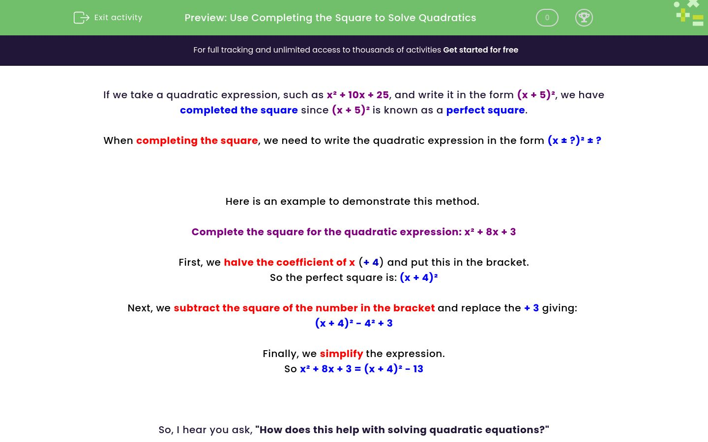 Use Completing the Square to Solve Quadratics Worksheet - EdPlace