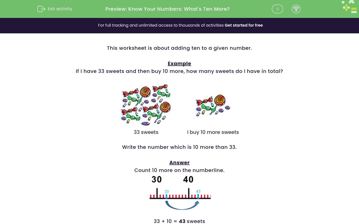 Find Ten More than a Number Worksheet - EdPlace