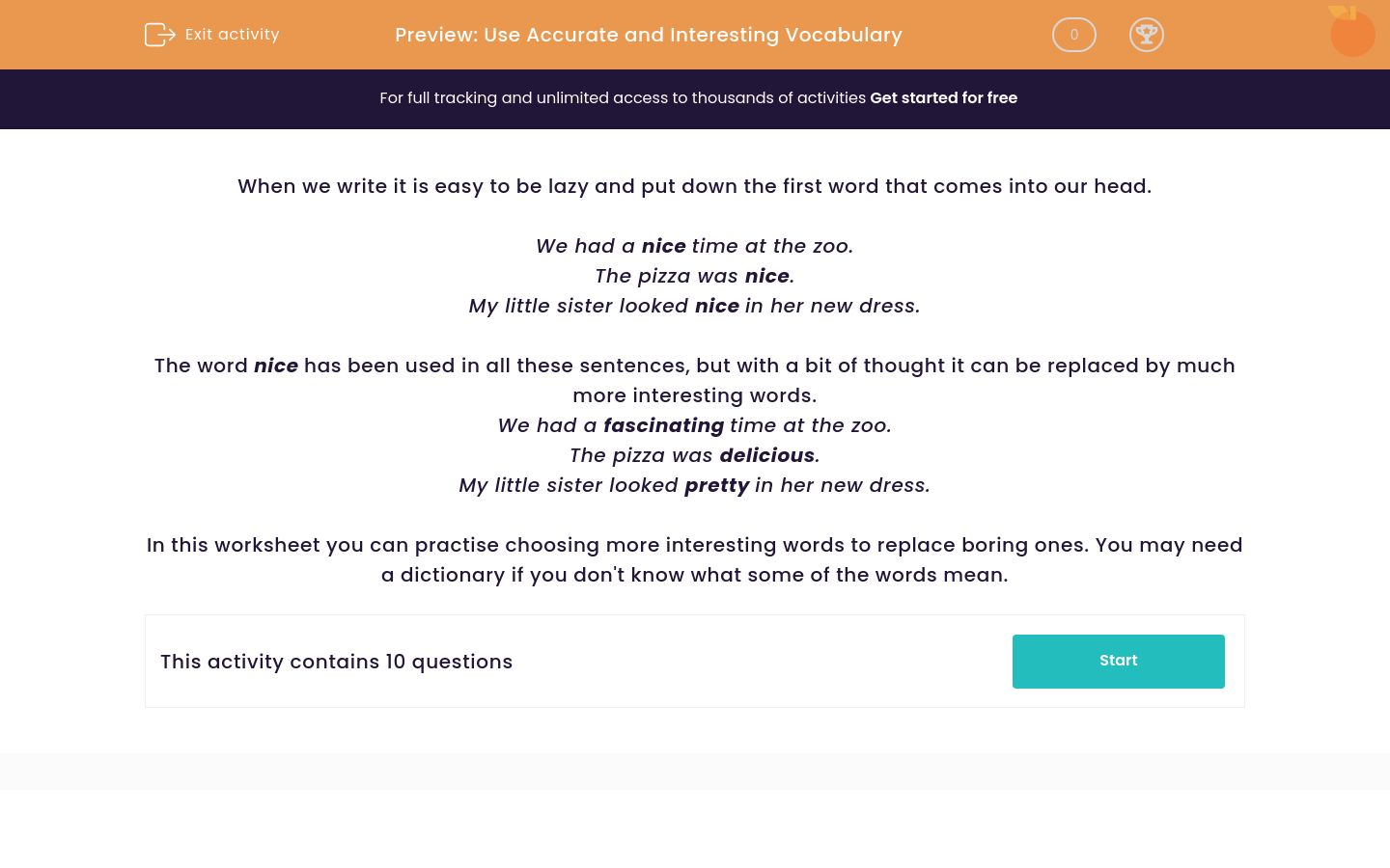Use Accurate and Interesting Vocabulary Worksheet - EdPlace