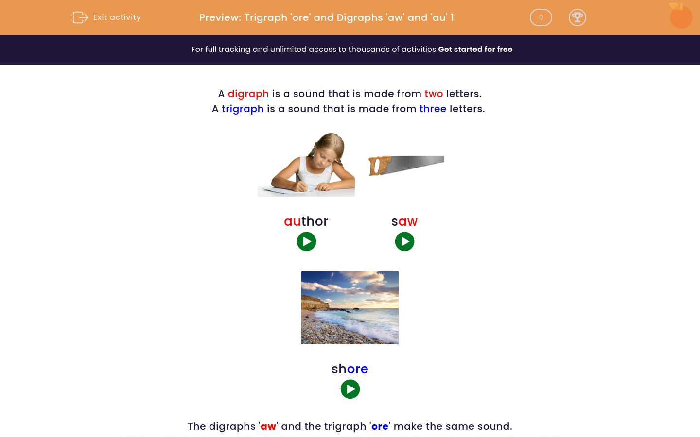 Know the Trigraph ore and Digraphs aw and au Worksheet - EdPlace
