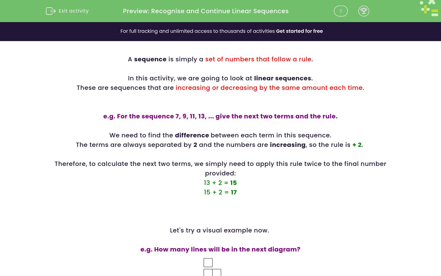 Recognise and Continue Linear Sequences Worksheet - EdPlace