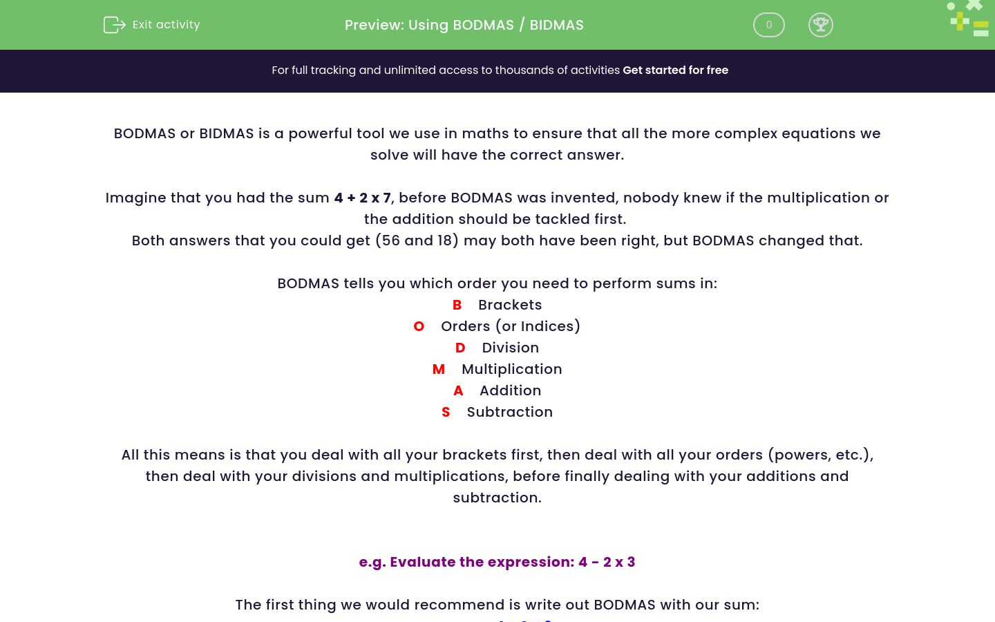 Using BODMAS / BIDMAS Worksheet - EdPlace