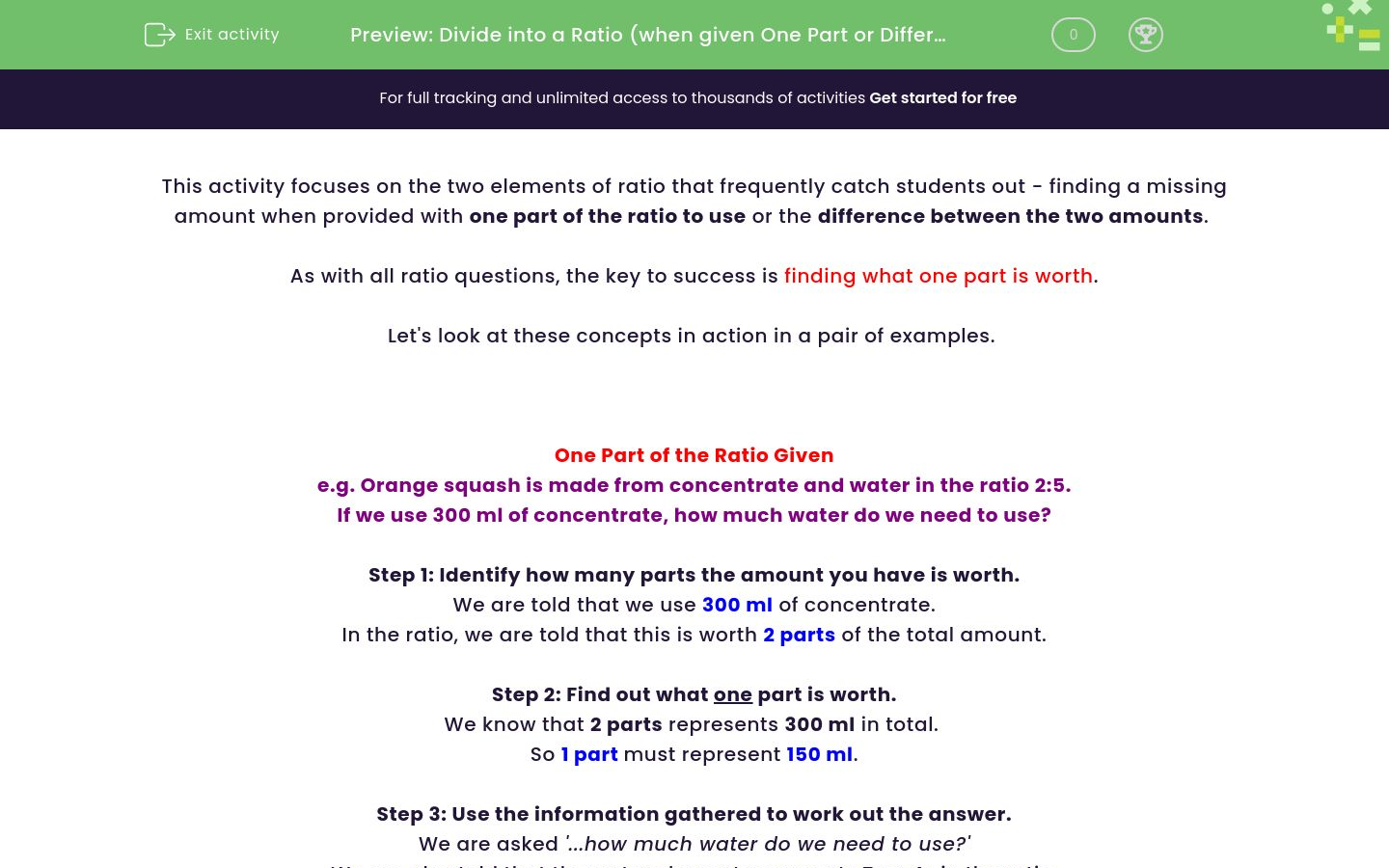 Divide into a Ratio when given One Part or Difference Worksheet - EdPlace
