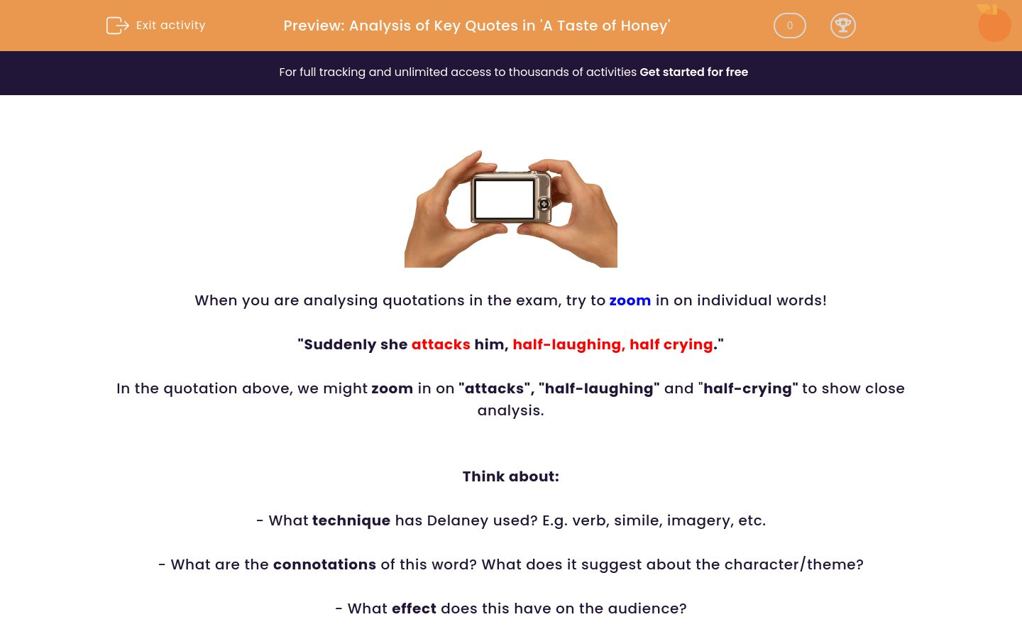 Analysis of Key Quotes in 'A Taste of Honey' Worksheet - EdPlace
