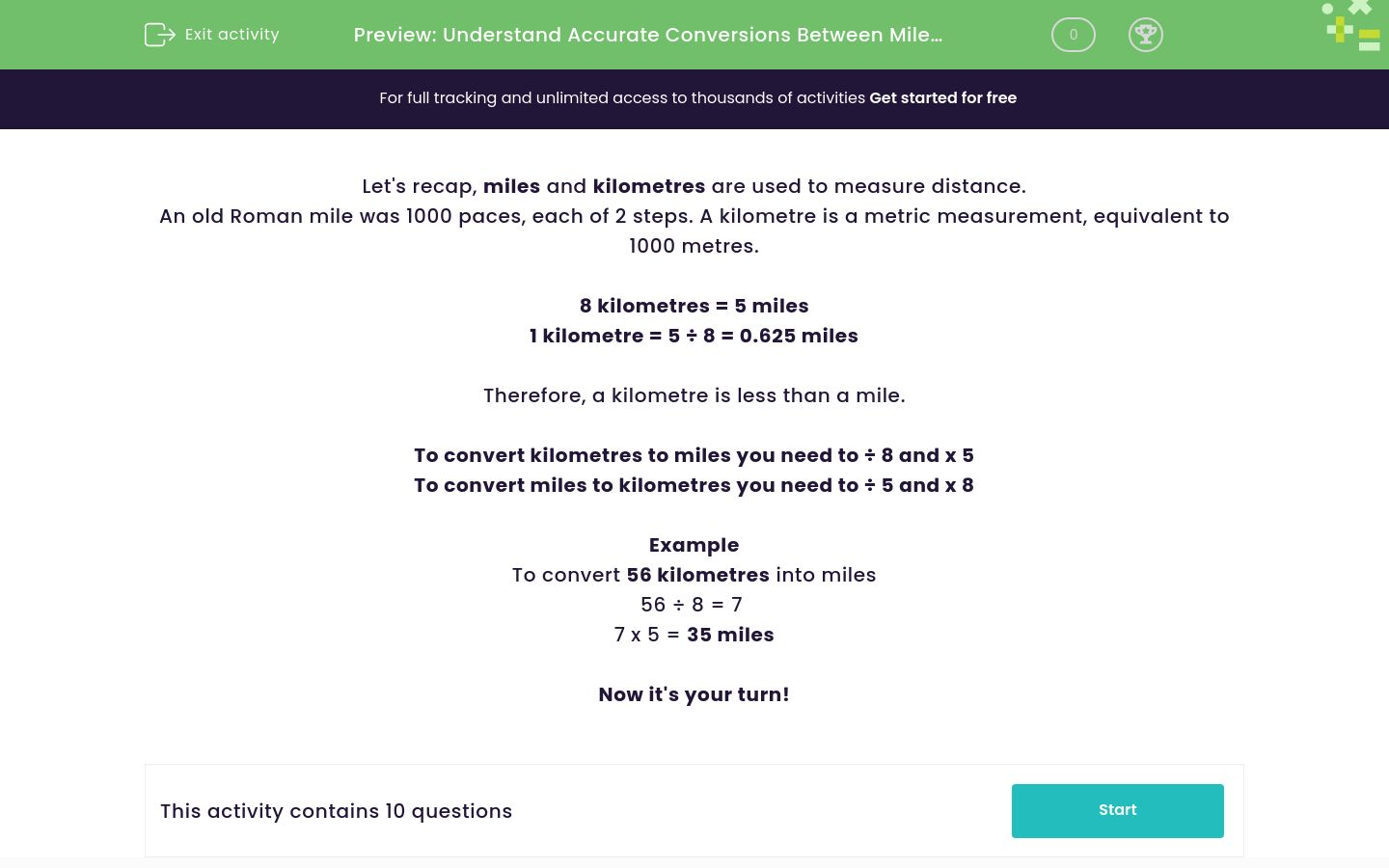 Apply Accurate Conversions Between Miles and Kilometres Worksheet - EdPlace