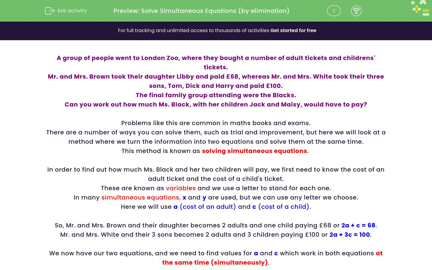 Solve Simultaneous Equations (by elimination) Worksheet - EdPlace