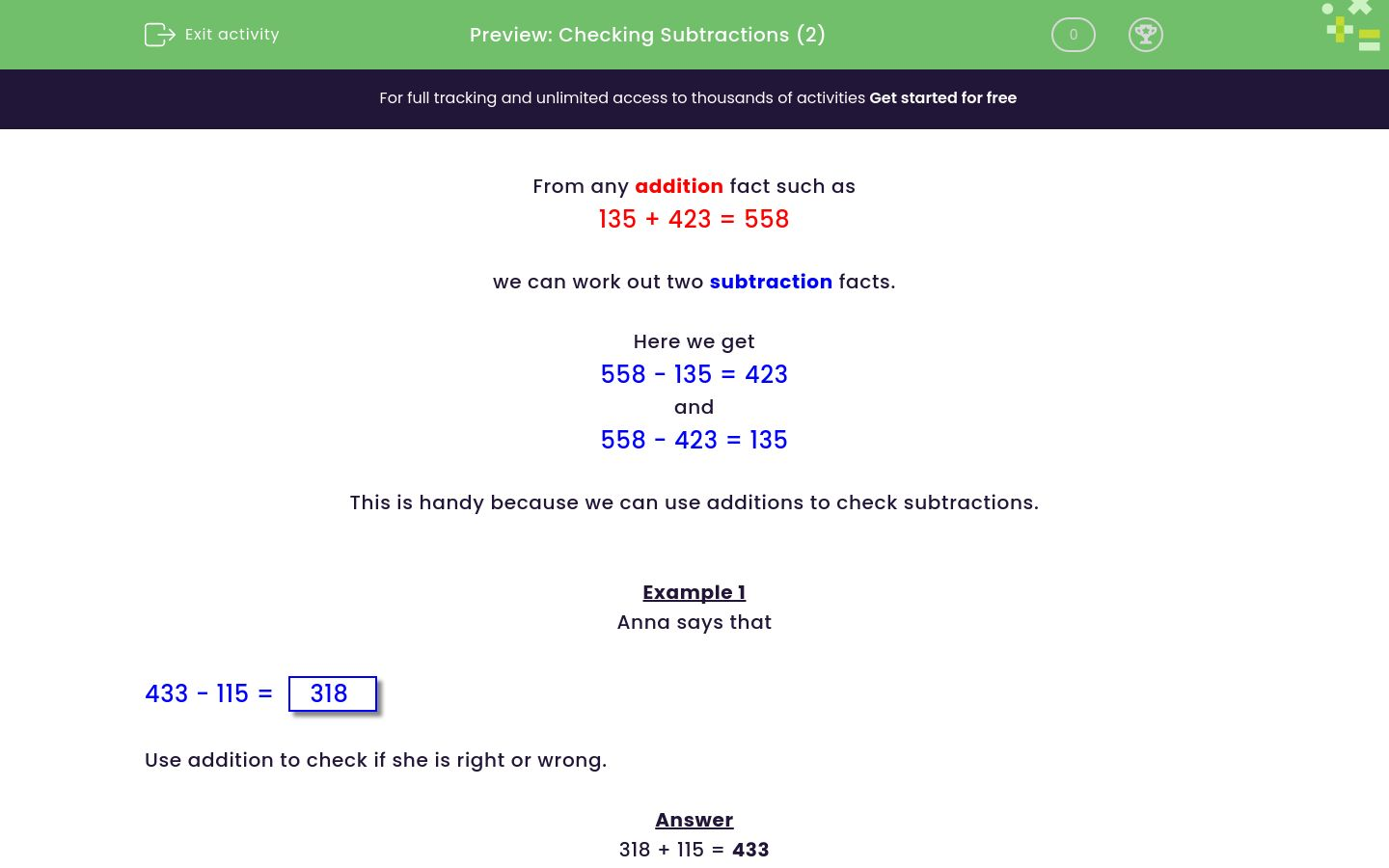 Check Subtractions by Using Addition Worksheet - EdPlace