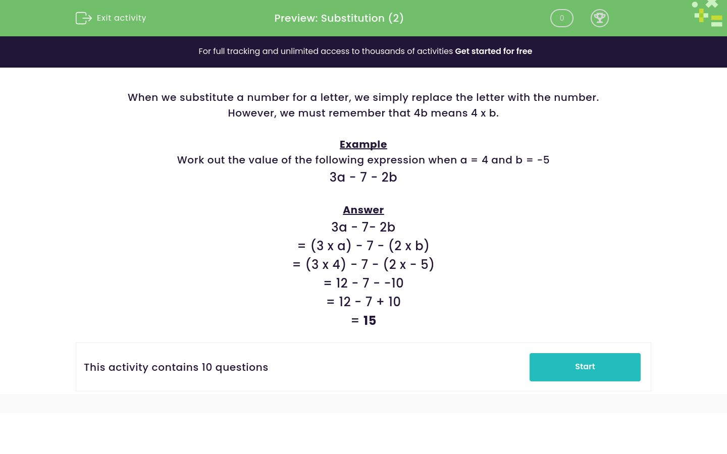 Use Substitution in Simple Algebraic Expressions Worksheet - EdPlace