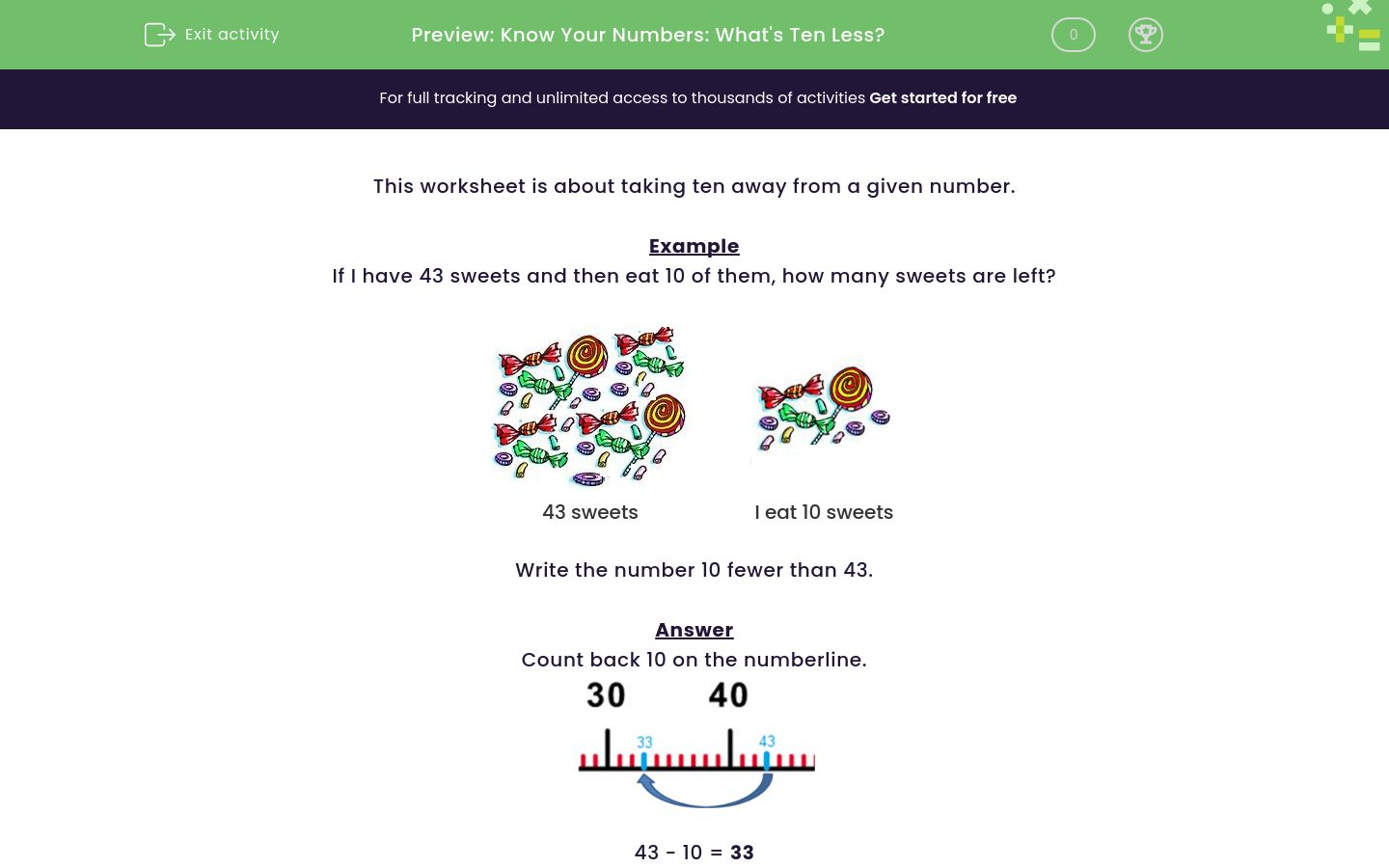 Find Ten Less than a Number Worksheet - EdPlace