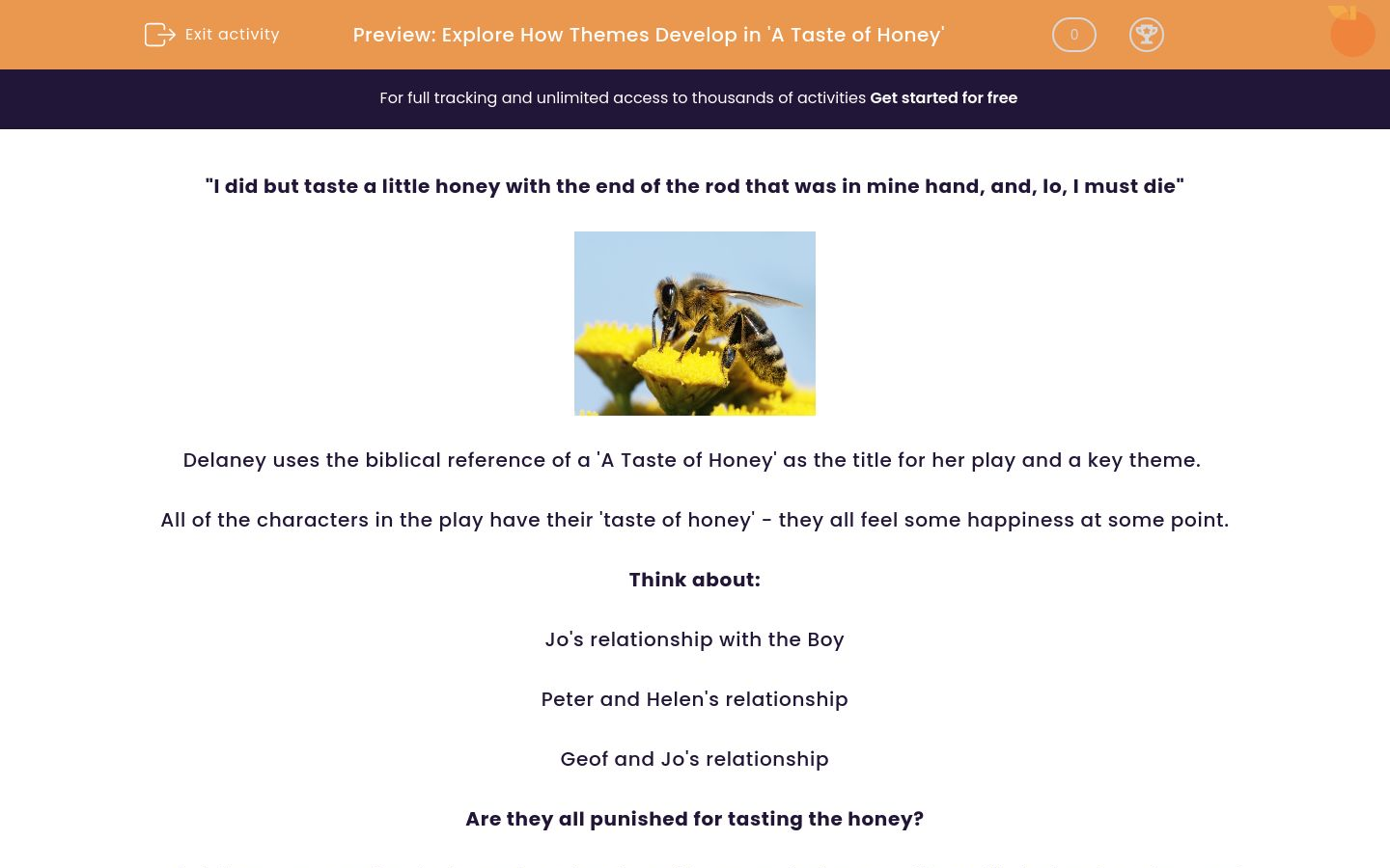 Explore How Themes Develop in 'A Taste of Honey' Worksheet - EdPlace