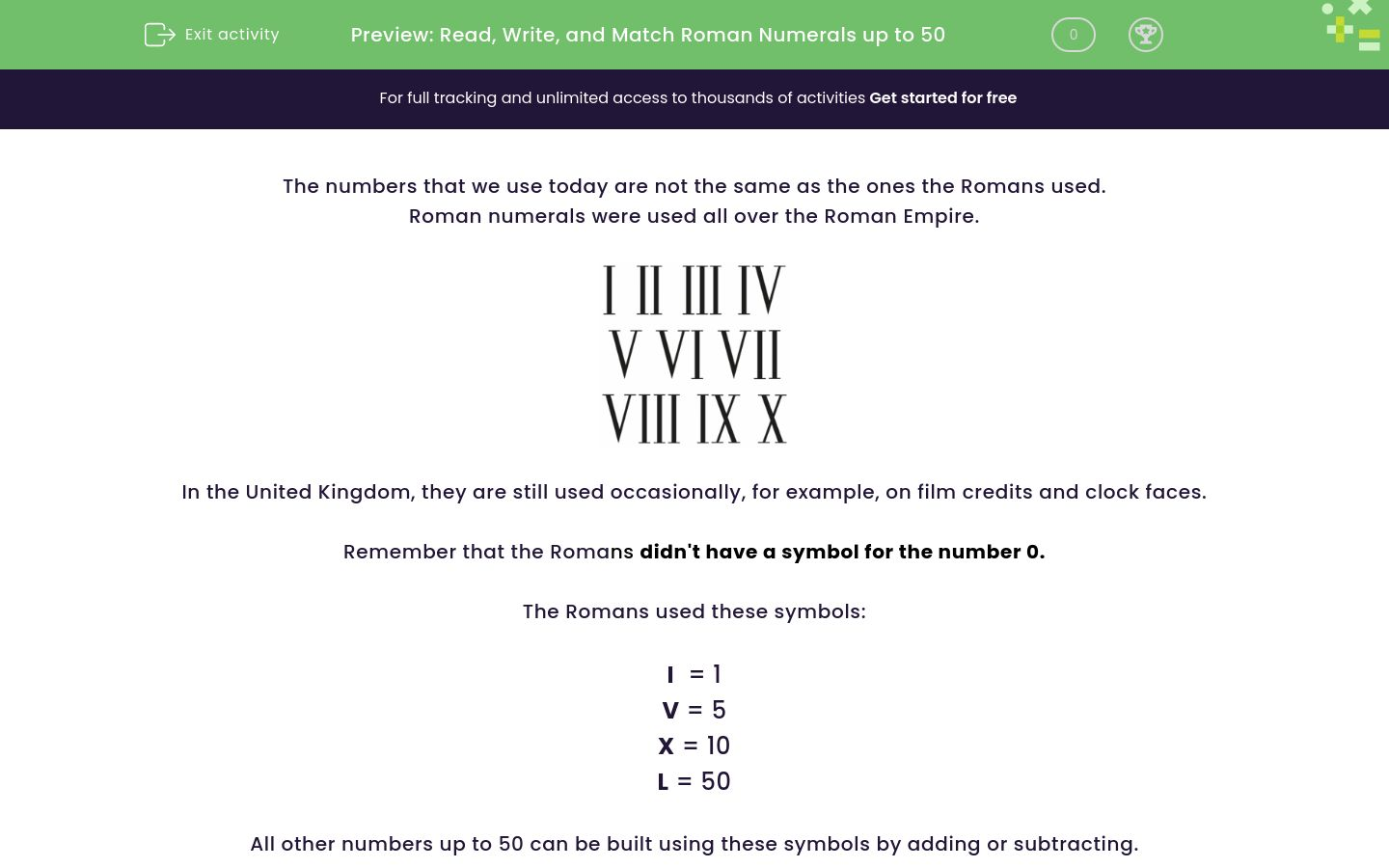 Read, Write, and Match Roman Numerals up to 50 Worksheet - EdPlace