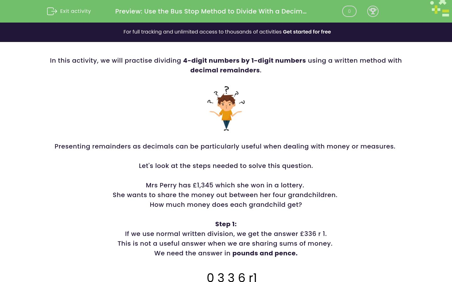 Use the Bus Stop Method to Divide With a Decimal Remainder Worksheet ...
