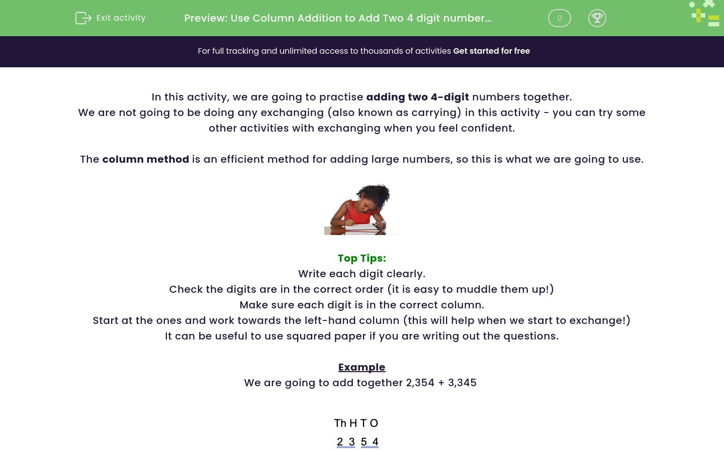 Use Column Addition to Add Two Four digit numbers (no exchanging ...