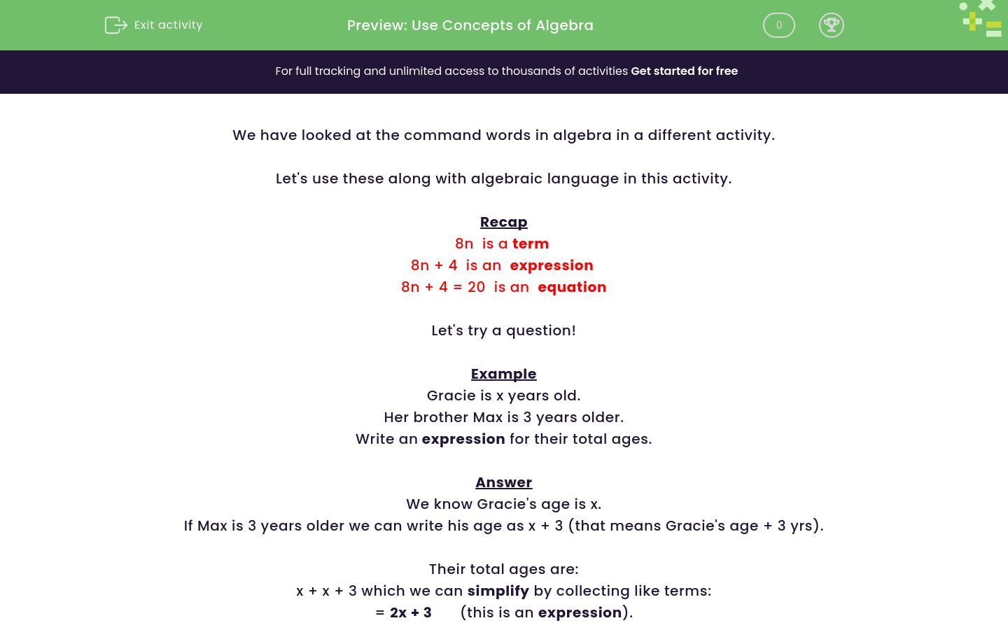 Use Concepts of Algebra Worksheet - EdPlace