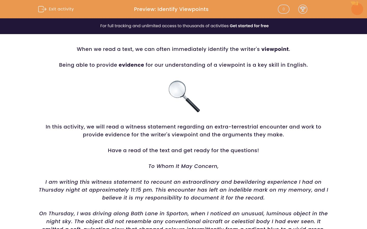 Identify Viewpoints Worksheet - EdPlace