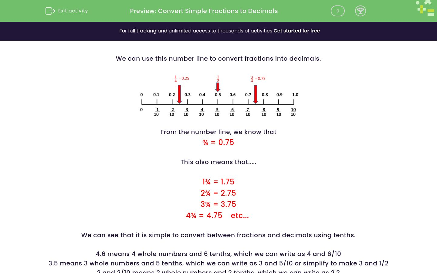 Convert Simple Fractions to Decimals Worksheet - EdPlace