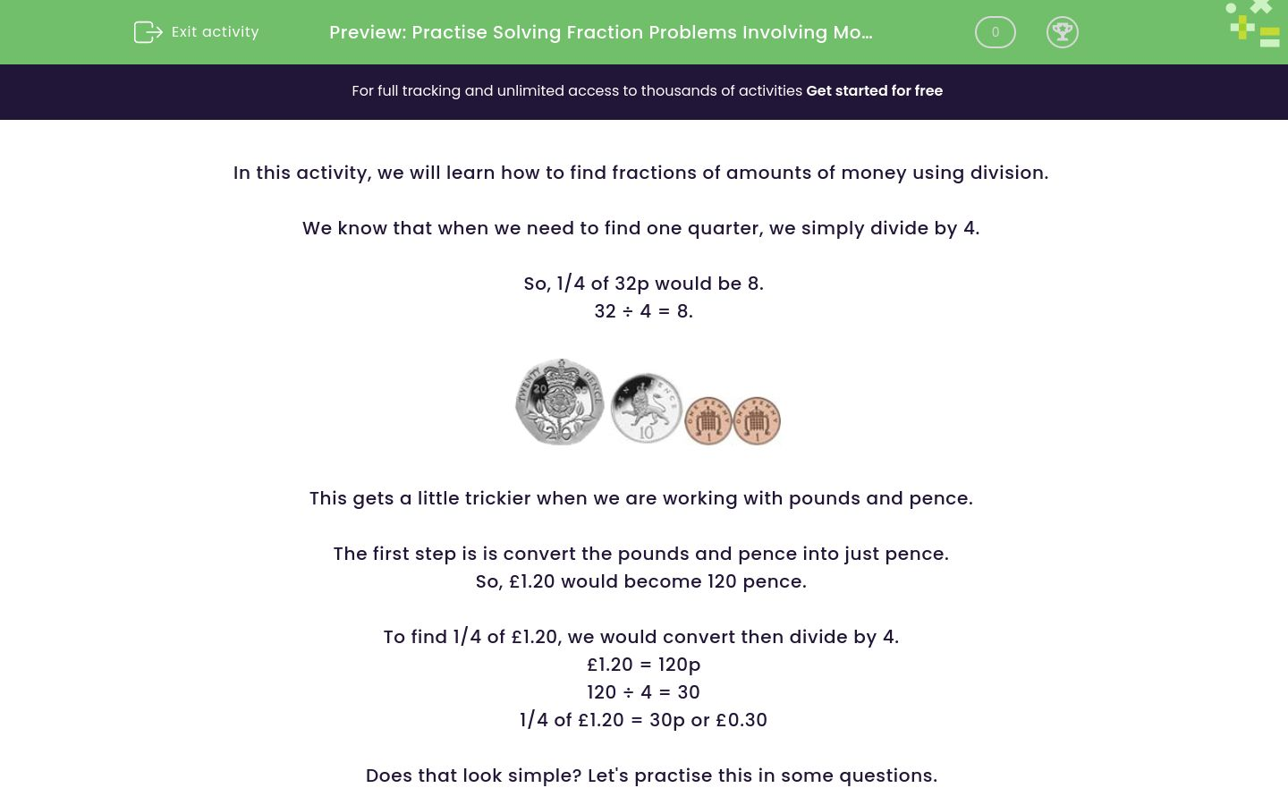Practise Solving Fraction Problems Involving Money Worksheet - EdPlace