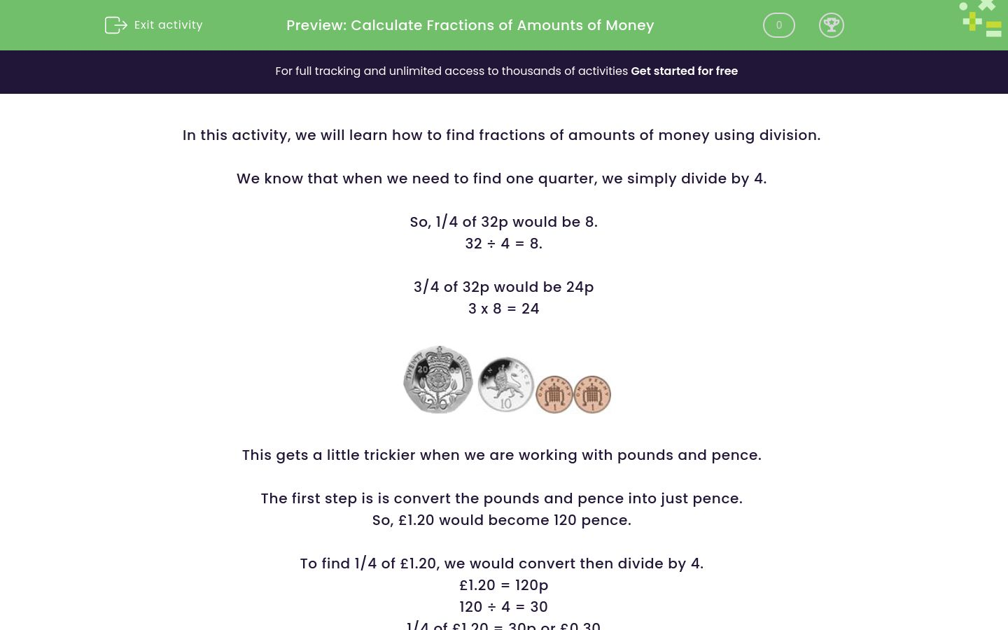 Calculate Fractions of Amounts of Money Worksheet - EdPlace