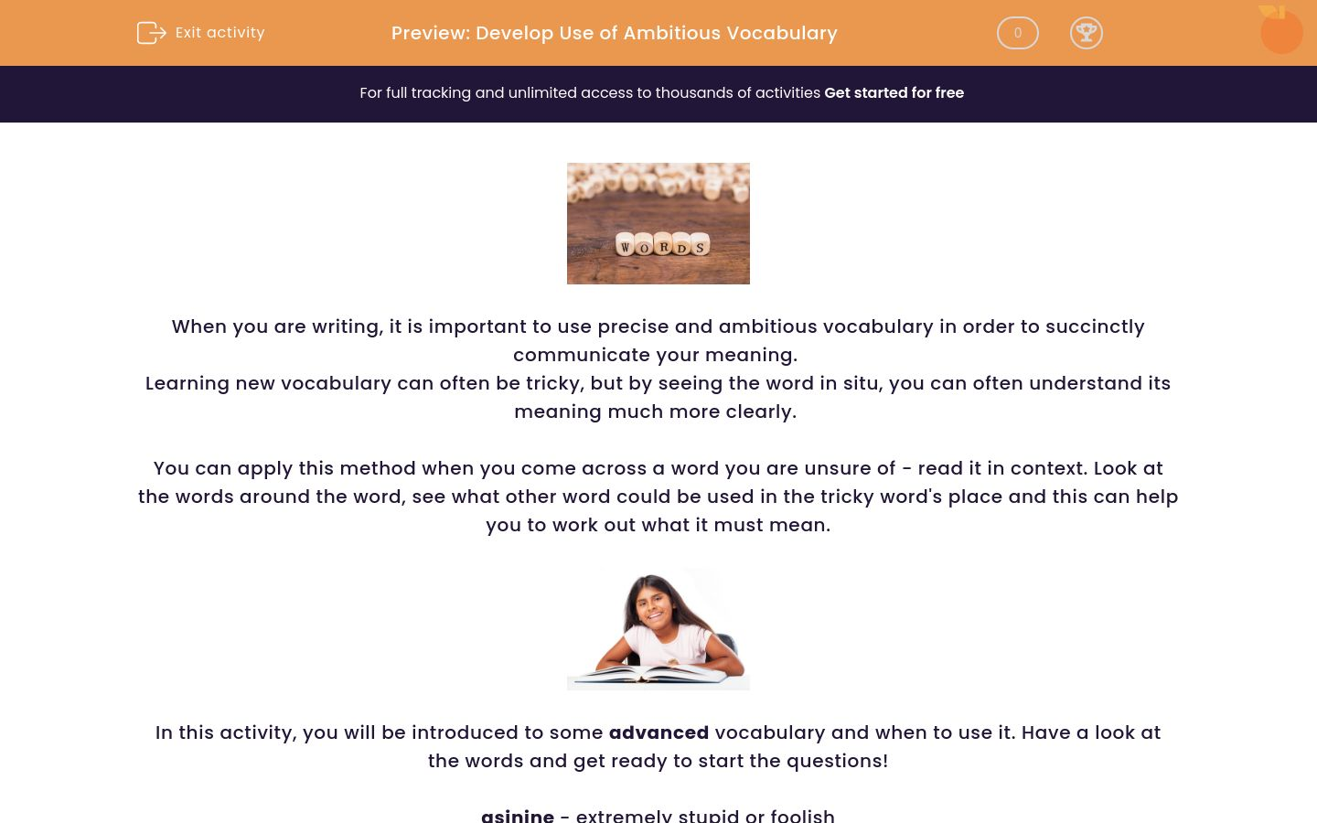 Develop Use of Ambitious Vocabulary Worksheet - EdPlace