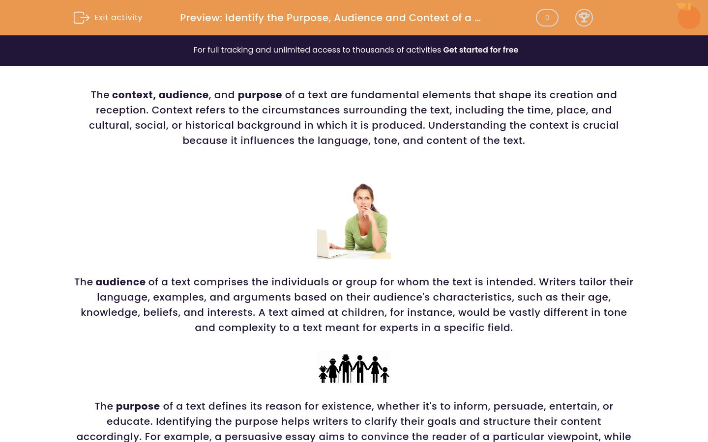 Identify the Purpose, Audience and Context of a Text Worksheet - EdPlace