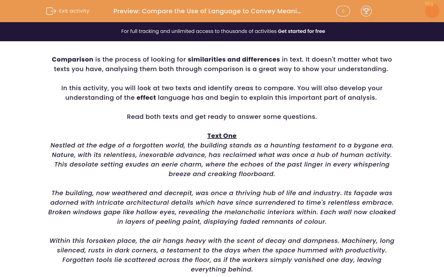 Compare the Use of Language to Convey Meaning in Two Texts Worksheet ...