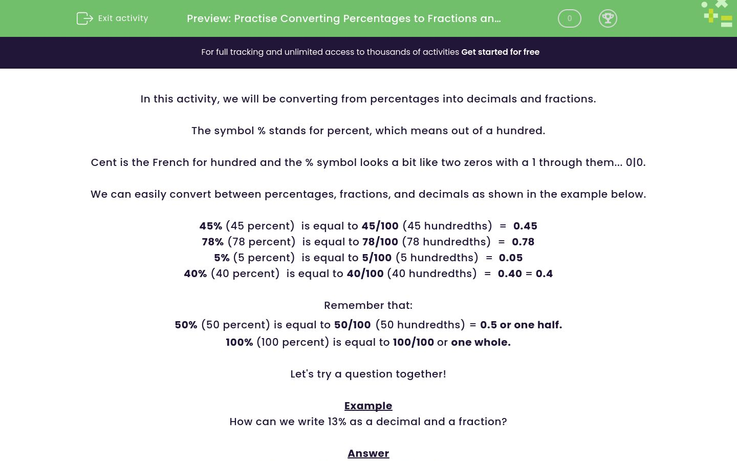 Practise Converting Percentages to Fractions and Decimals Worksheet ...