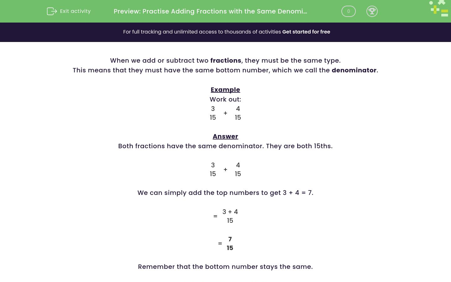 Practise Adding Fractions with the Same Denominator Worksheet - EdPlace