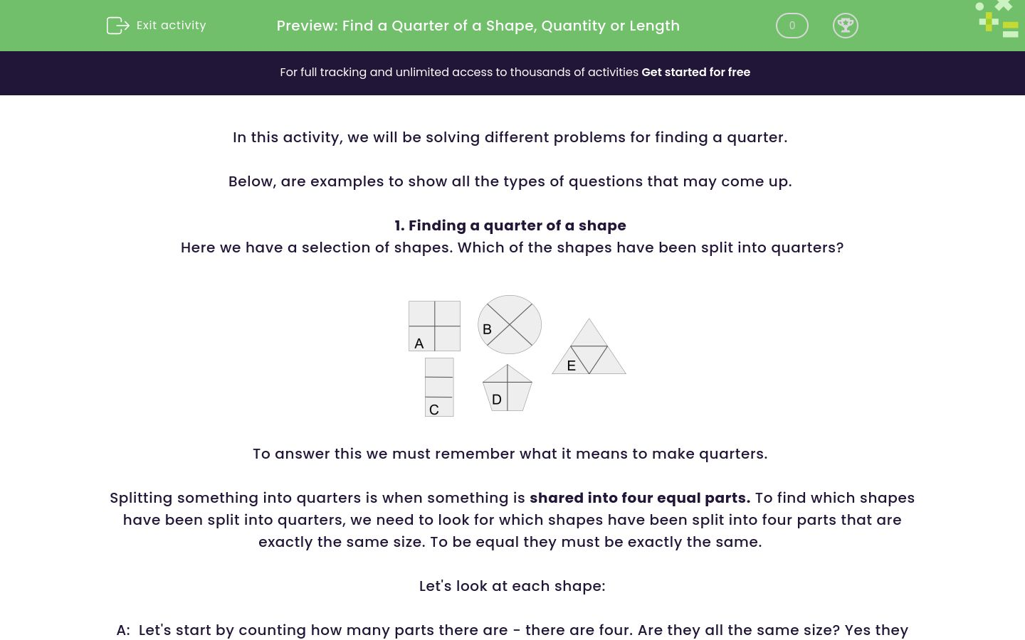 Find a Quarter of a Shape, Quantity or Length Worksheet - EdPlace