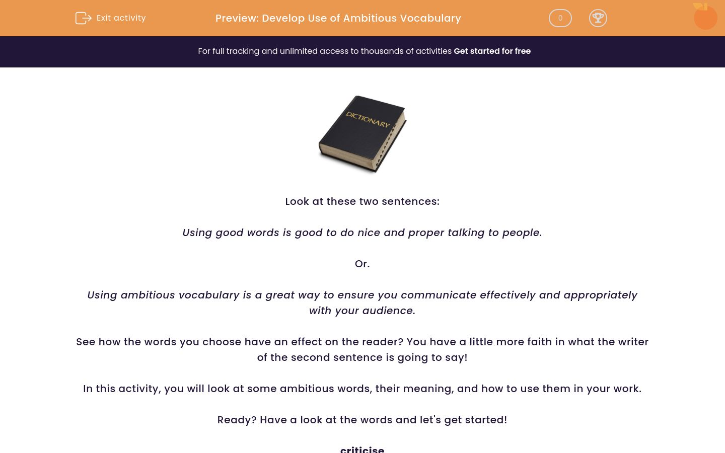 Develop Use of Ambitious Vocabulary Worksheet - EdPlace