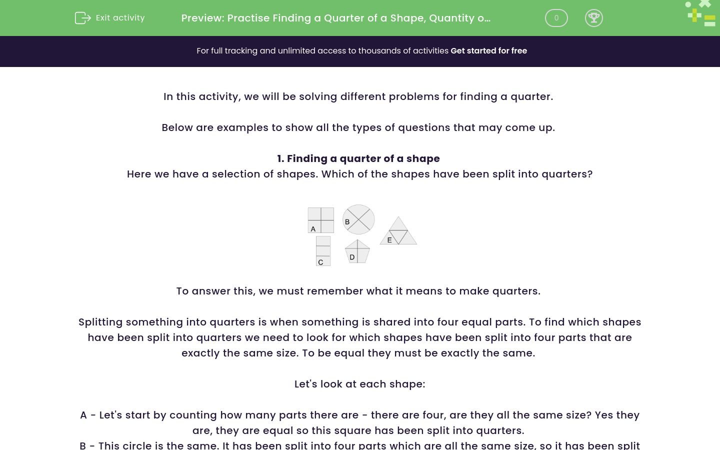 Practise Finding a Quarter of a Shape, Quantity or Length Worksheet ...