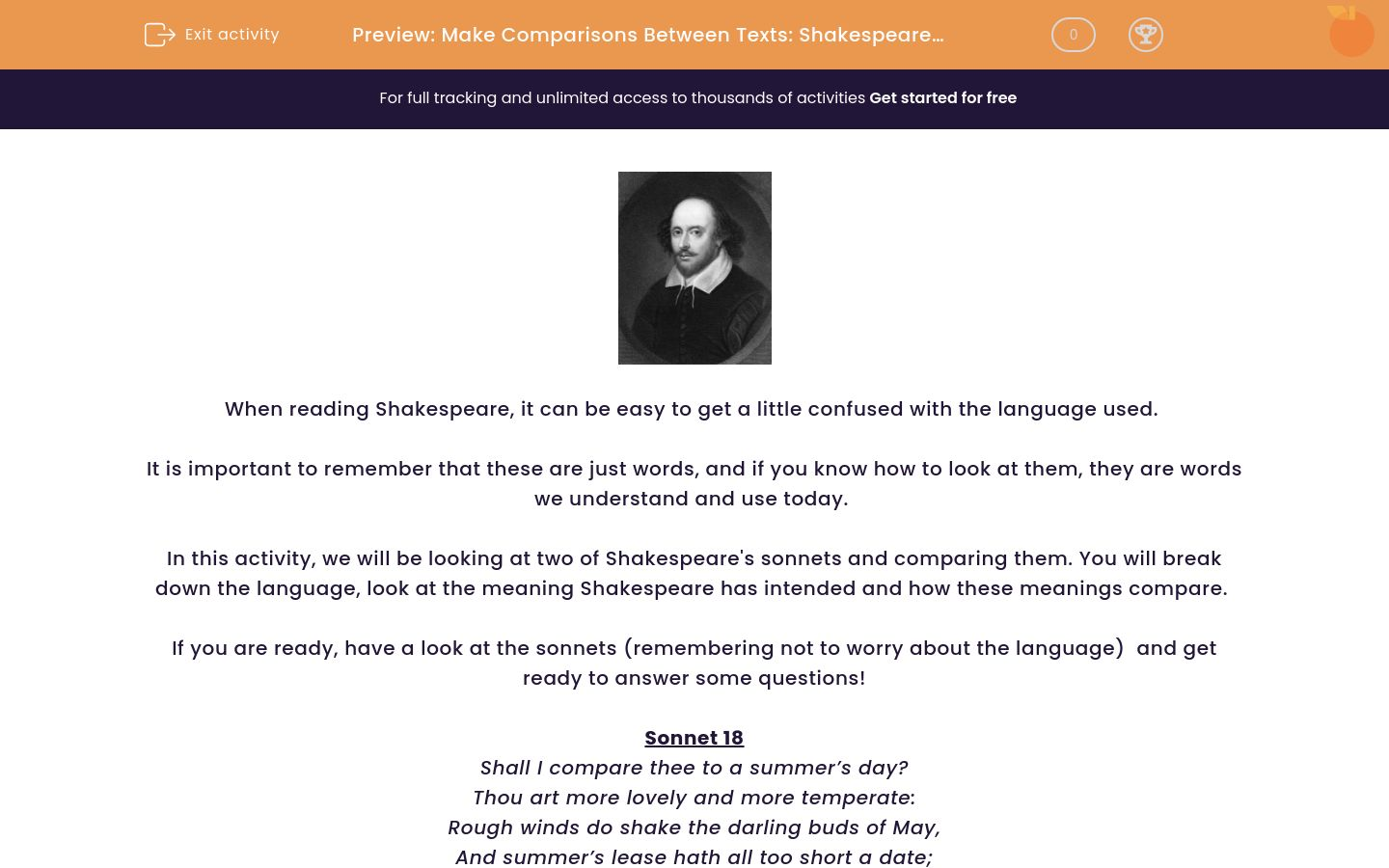 Make Comparisons Between Texts: Shakespearean Sonnets Worksheet - EdPlace