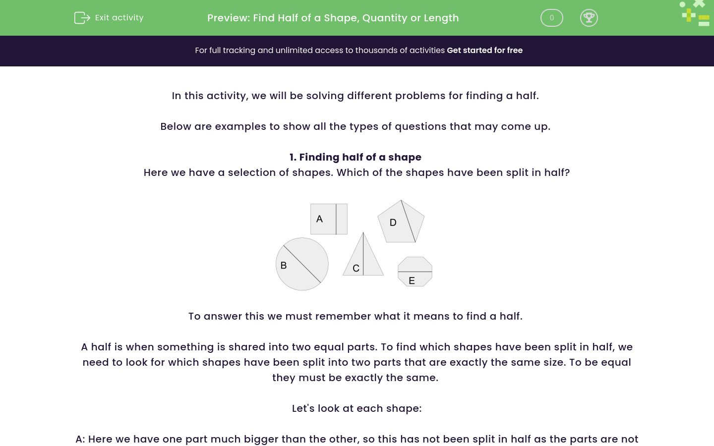 Find Half of a Shape, Quantity or Length Worksheet - EdPlace