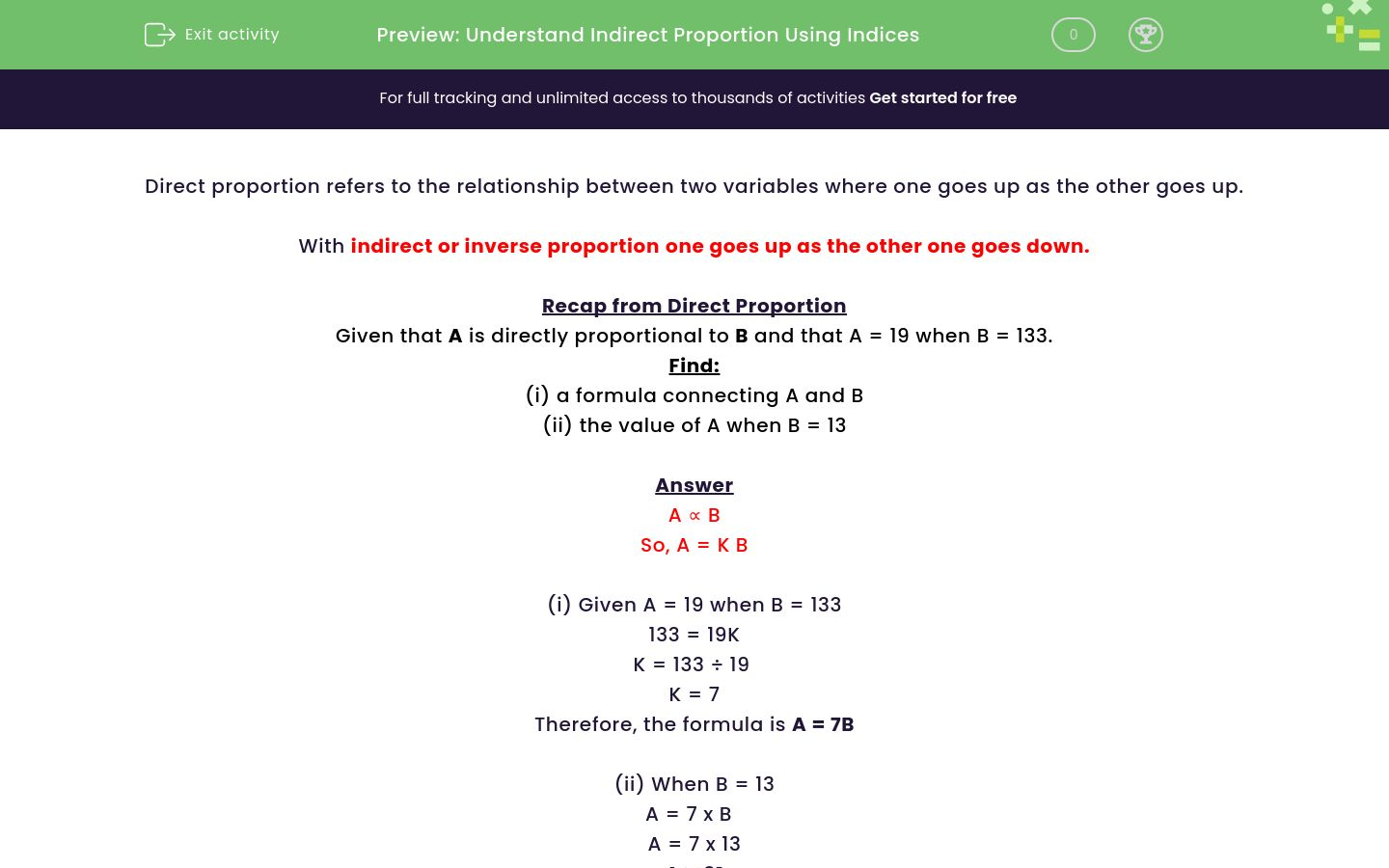 Understand Indirect Proportion Using Indices Worksheet - EdPlace