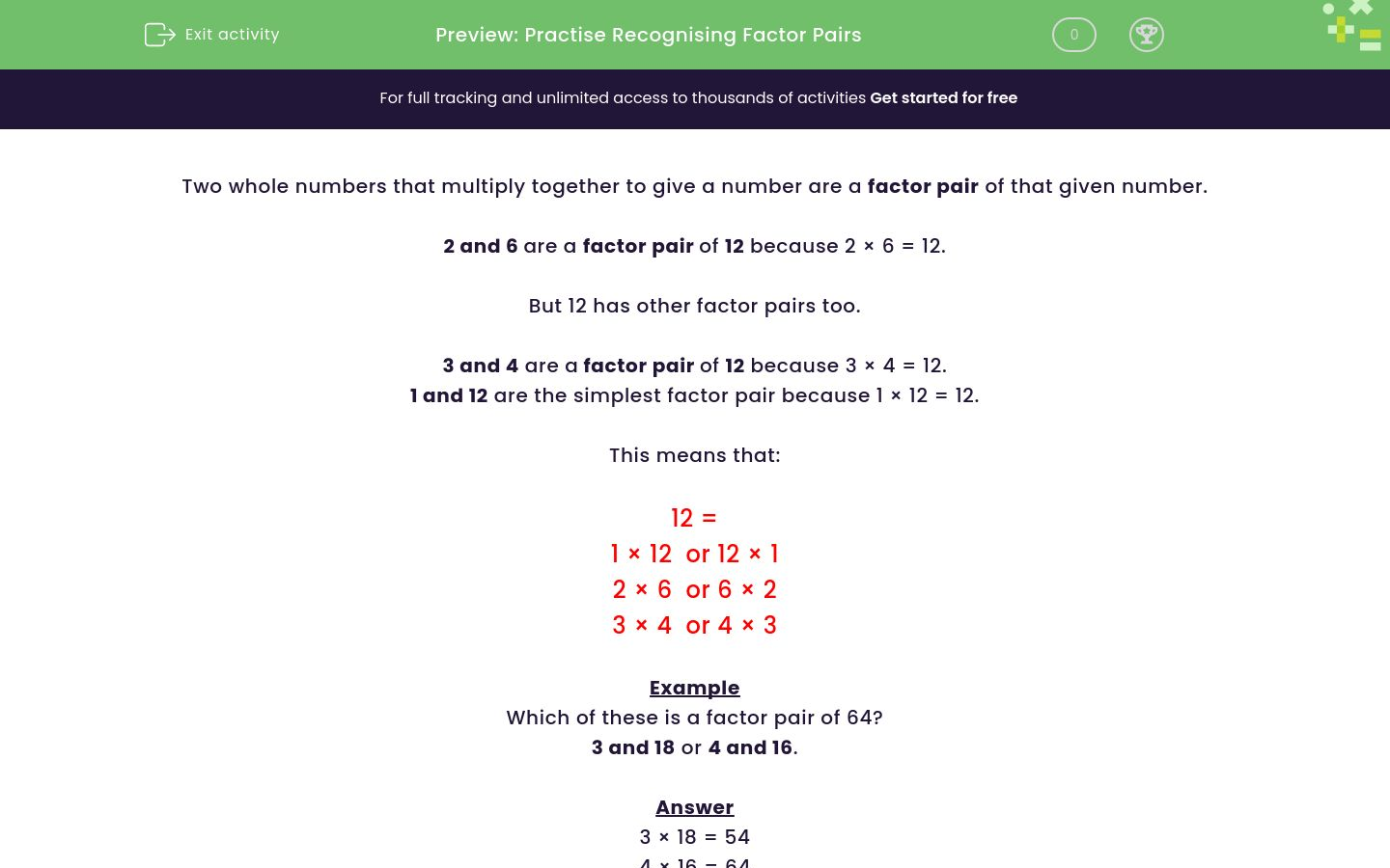 Practise Recognising Factor Pairs Worksheet - EdPlace