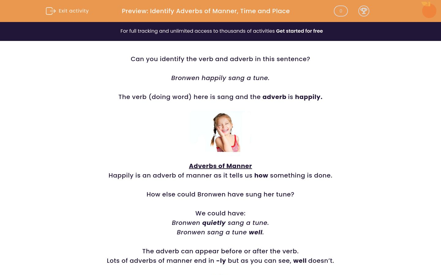 Identify Adverbs of Manner, Time and Place Worksheet - EdPlace