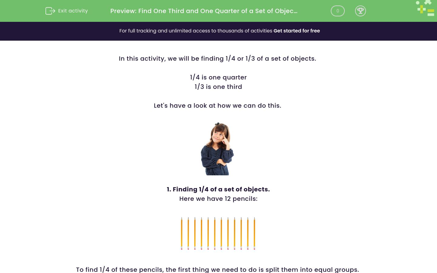 Find One Third and One Quarter of a Set of Objects Worksheet - EdPlace
