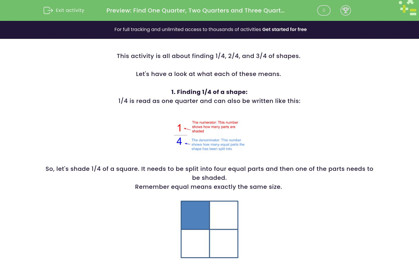 Find One Quarter, Two Quarters and Three Quarters of Shapes Worksheet ...