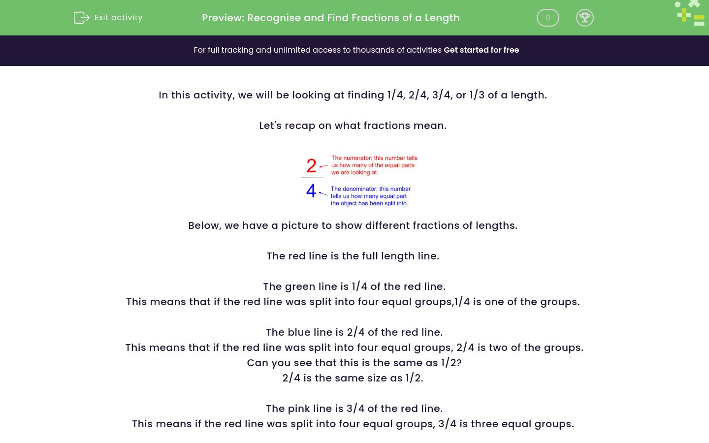 Recognise and Find Fractions of a Length Worksheet - EdPlace