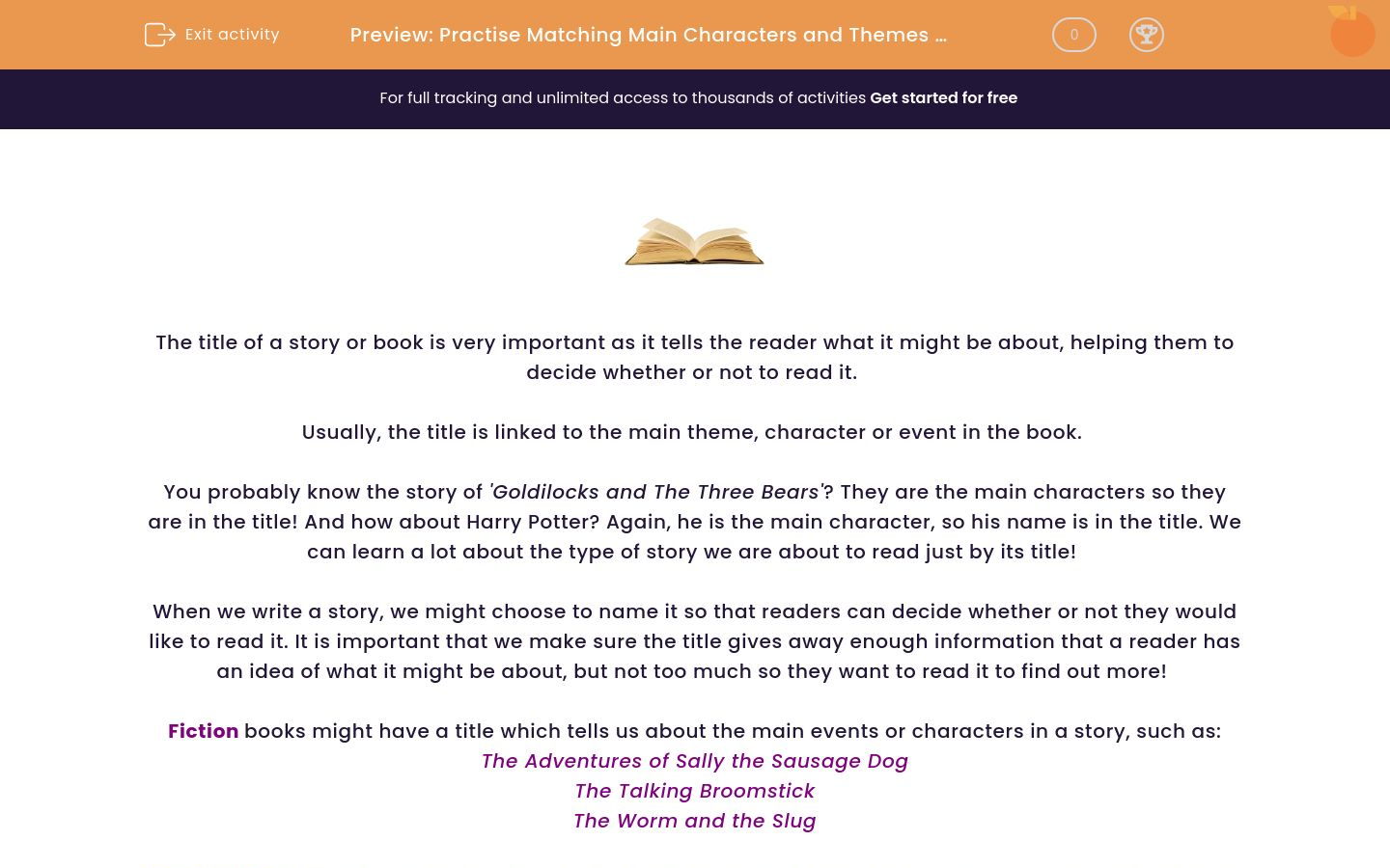 Practise Matching Main Characters and Themes with Book Titles Worksheet ...