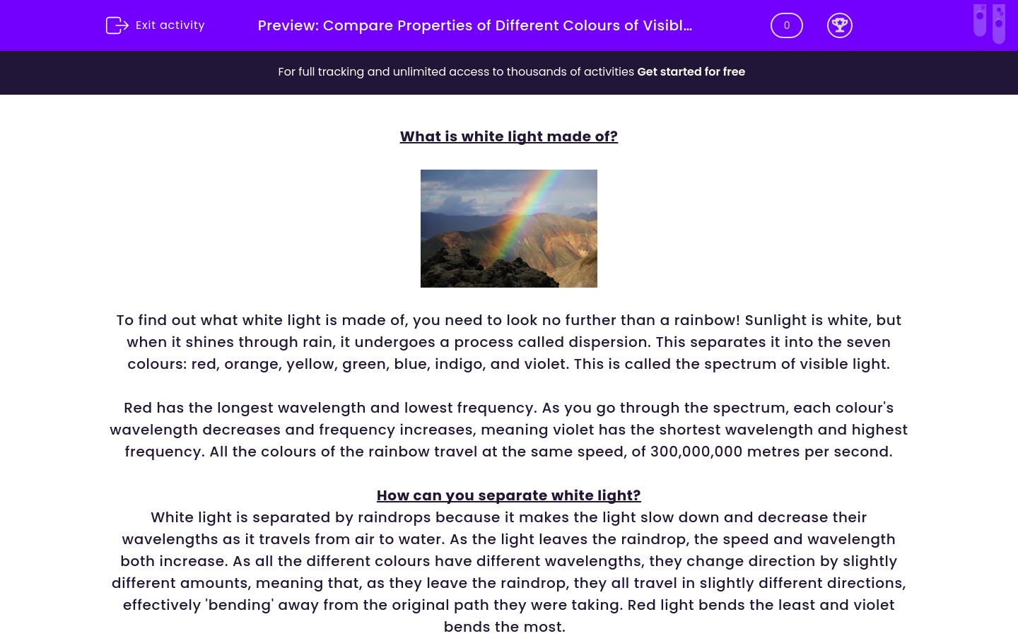 Compare Properties of Different Colours of Visible Light Worksheet ...