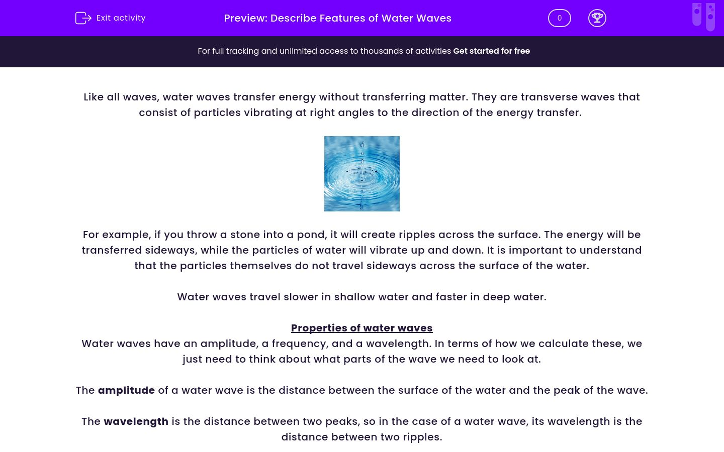 Describe Features of Water Waves Worksheet - EdPlace