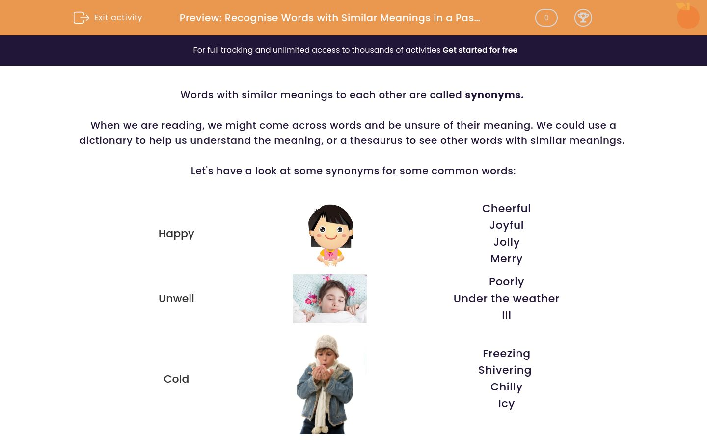 Recognise Words with Similar Meanings in a Passage Worksheet - EdPlace