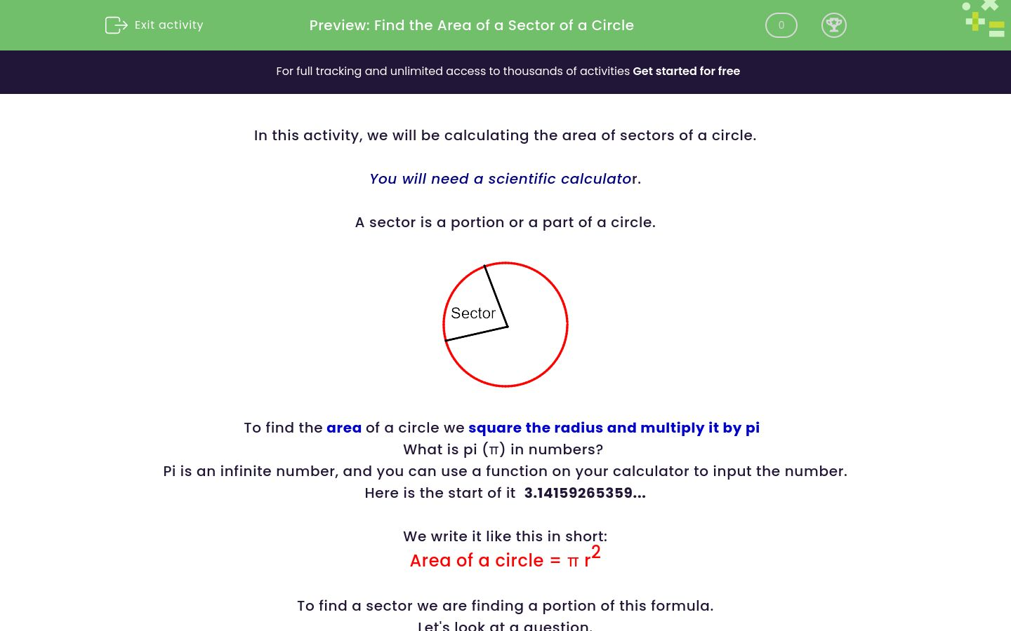 Find the Area of a Sector of a Circle Worksheet - EdPlace