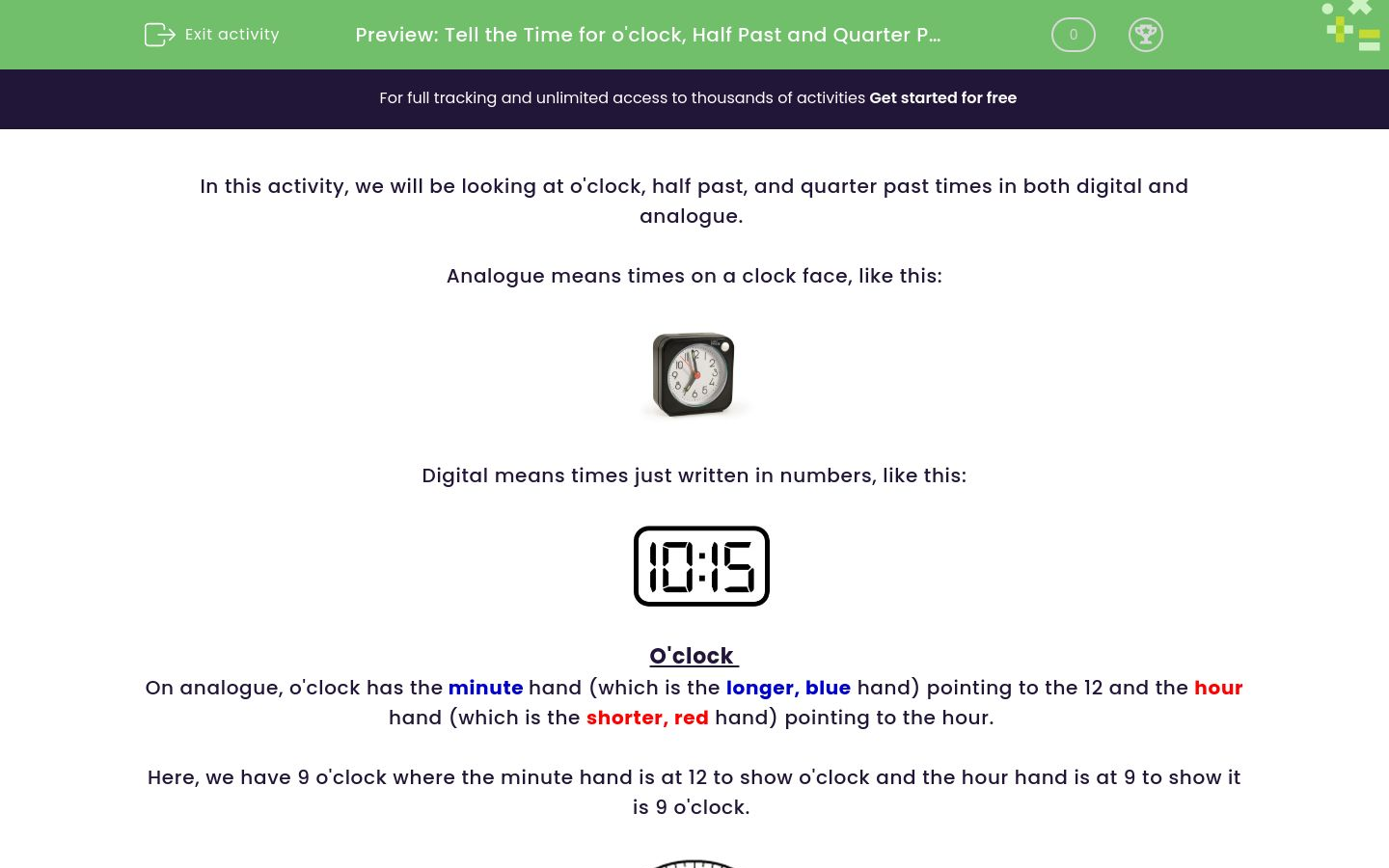 Tell the Time for o'clock, Half Past and Quarter Past Worksheet - EdPlace