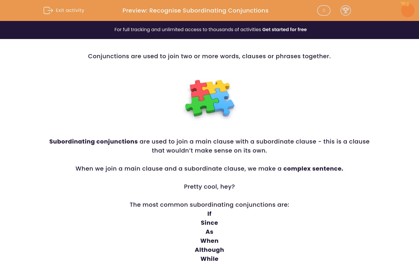 Recognise Subordinating Conjunctions Worksheet - EdPlace