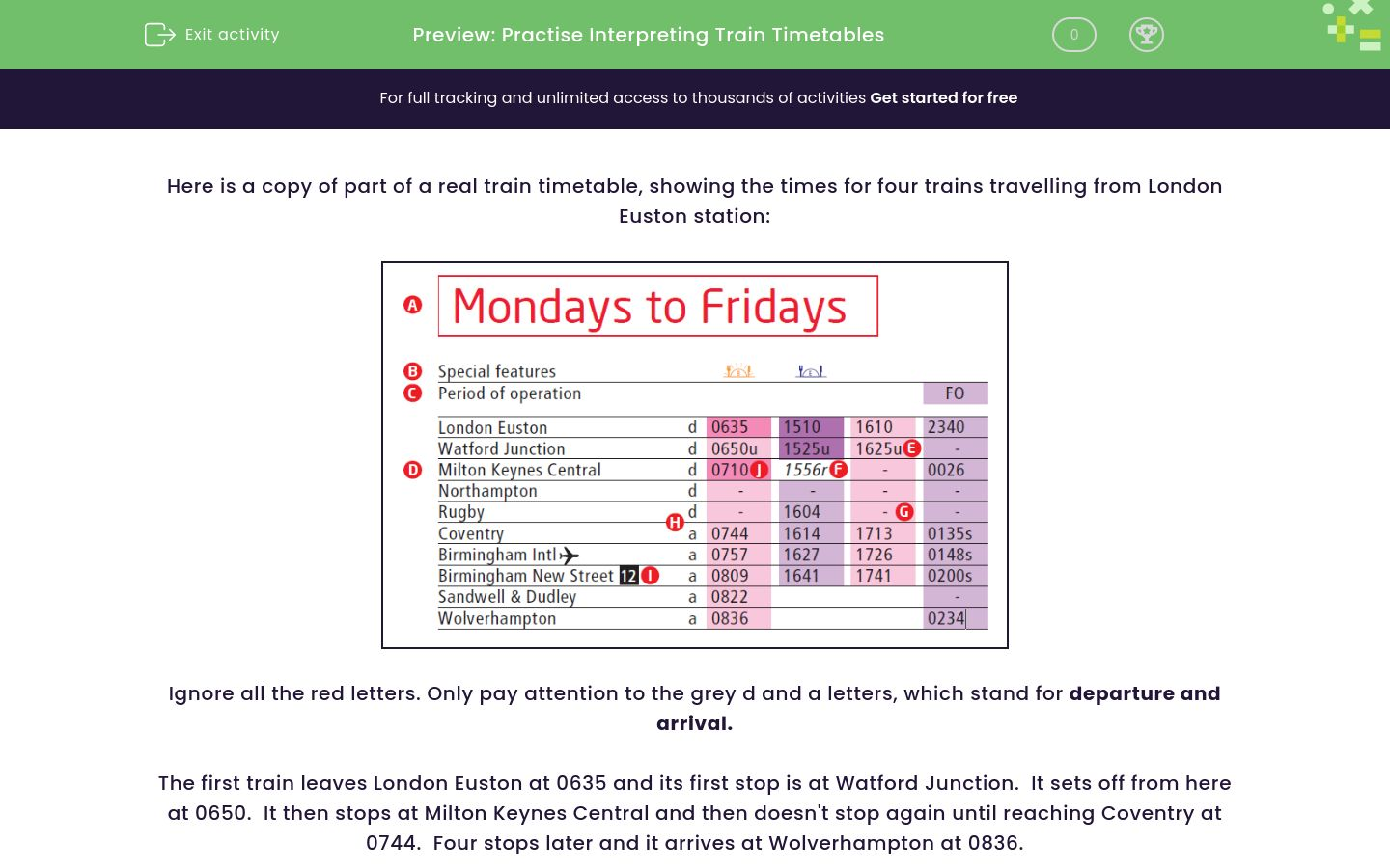 Practise Interpreting Train Timetables Worksheet - EdPlace